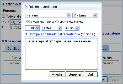 Texto personalizado del recordatorio